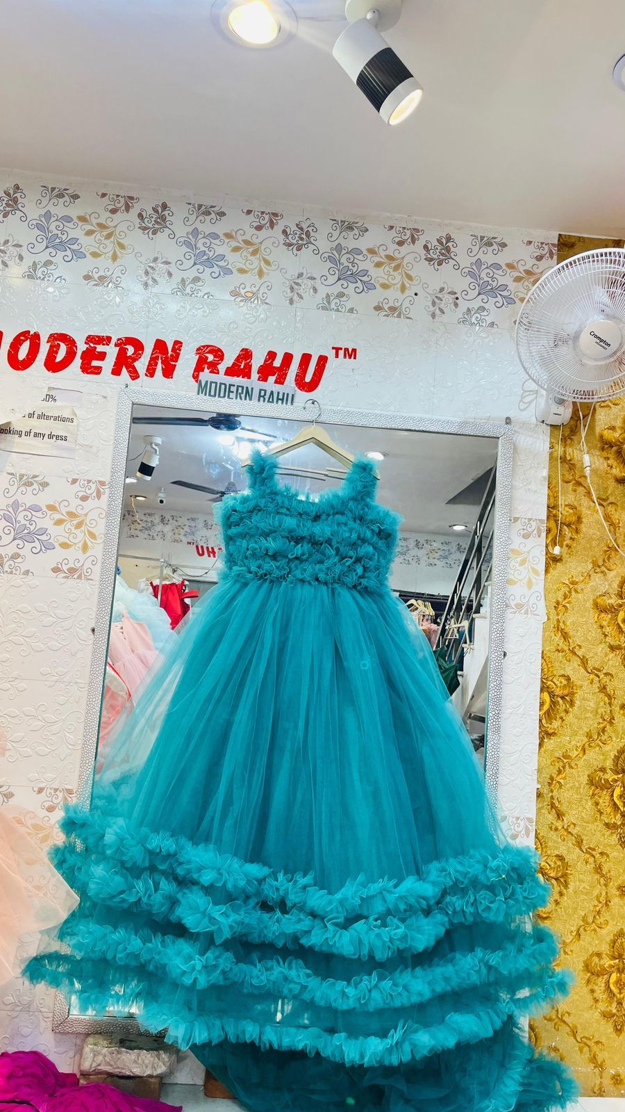 Girls Teal Blue Ruffled Tulle Gown with Long Train – MODERN BAHU