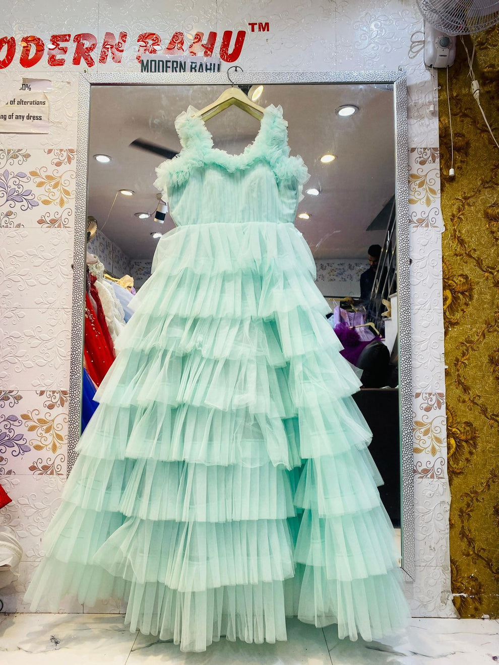 Dramatic Mint Green Long Tail Ruffled Ball Gown – Party Wear – MODERN BAHU